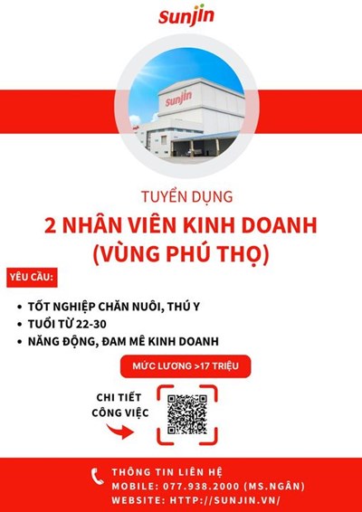 SUNJIN VINA TUYỂN DỤNG GẤP 2 NHÂN VIÊN KINH DOANH VÙNG PHÚ THỌ